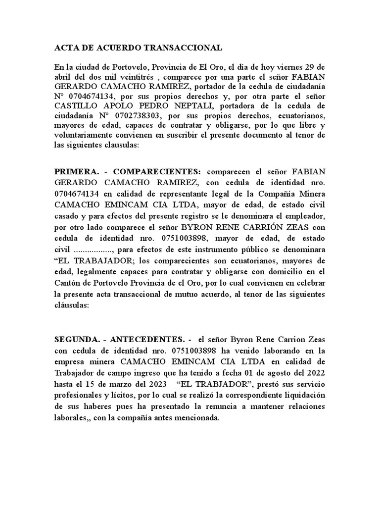 Acta de Acuerdo Transaccional | PDF | Justicia | Crimen y violencia
