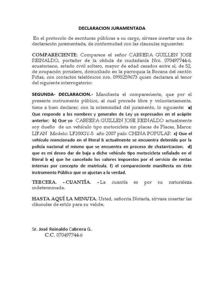 Declaracion Juramentada | PDF