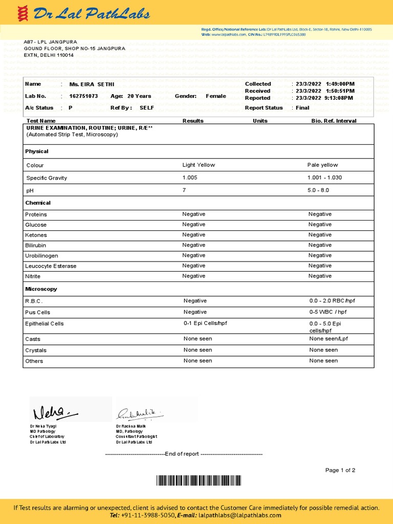 Urine Test Report for Ms. Eira Sethi | PDF | Medical Specialties ...