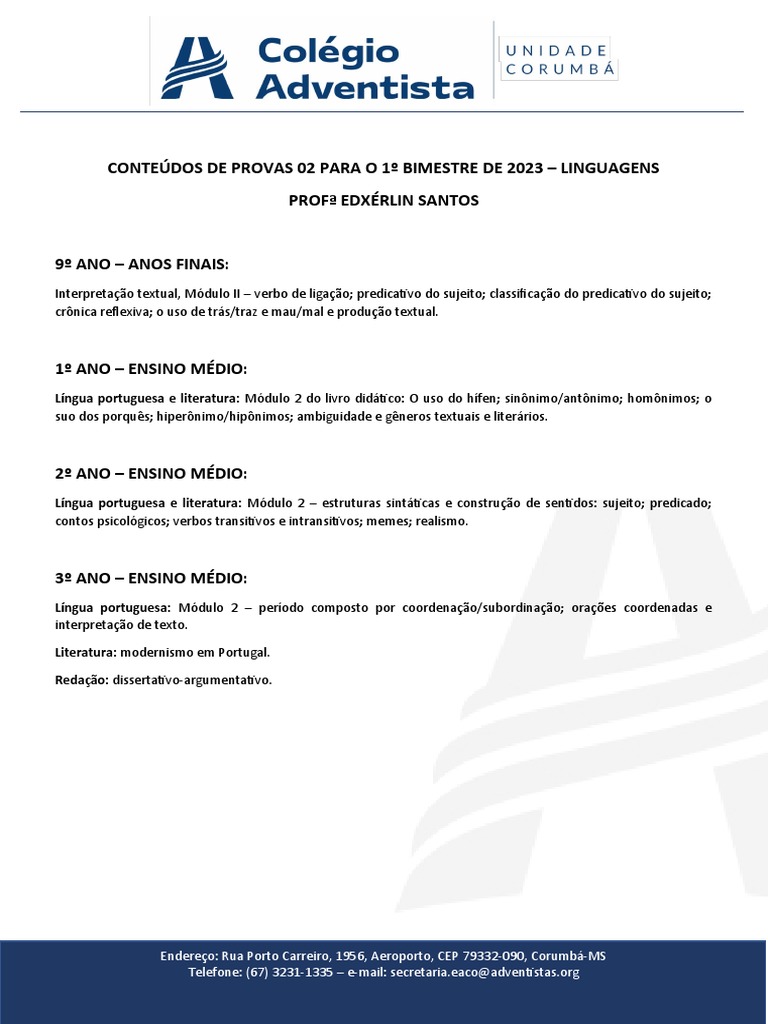 Conteúdos para Prova 02 1º Bim EACO 2023 | PDF