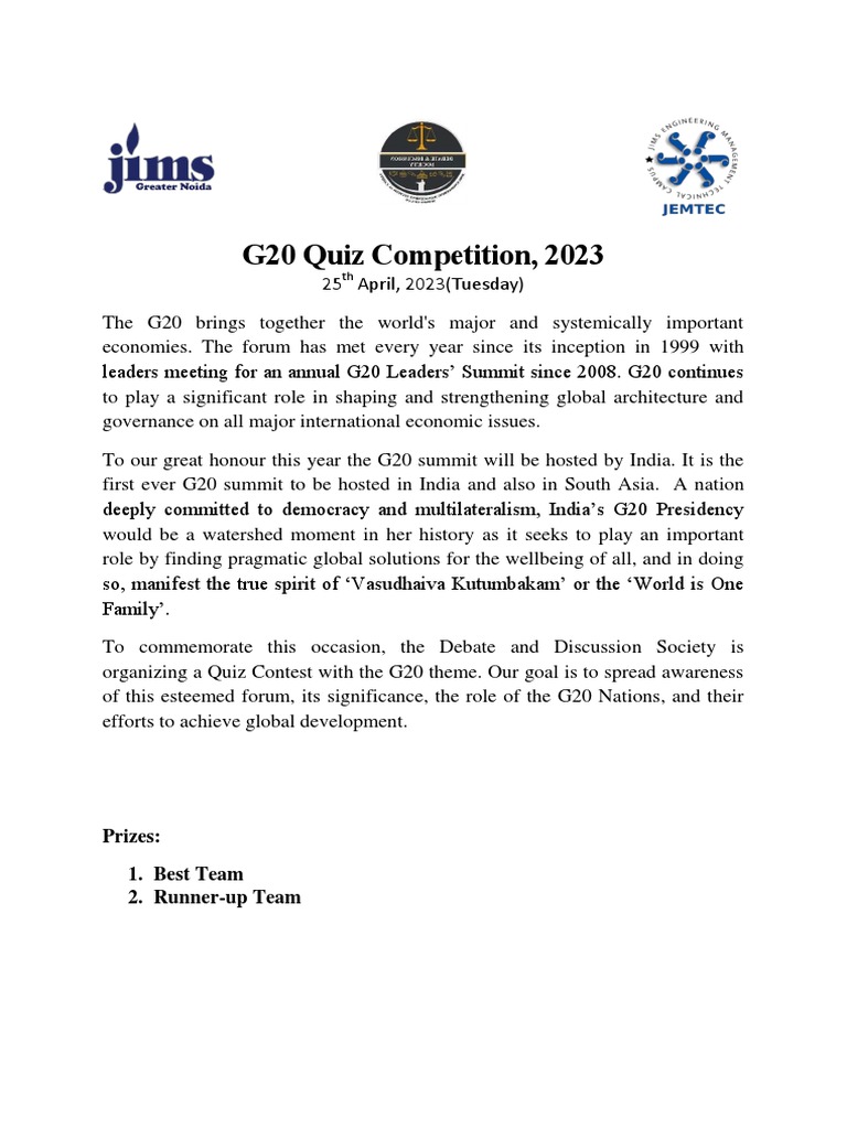 G20 Quiz Competition Brochure | PDF | Question | Multiple Choice G20 Quiz Competition Brochure | PDF | Question | Multiple Choice