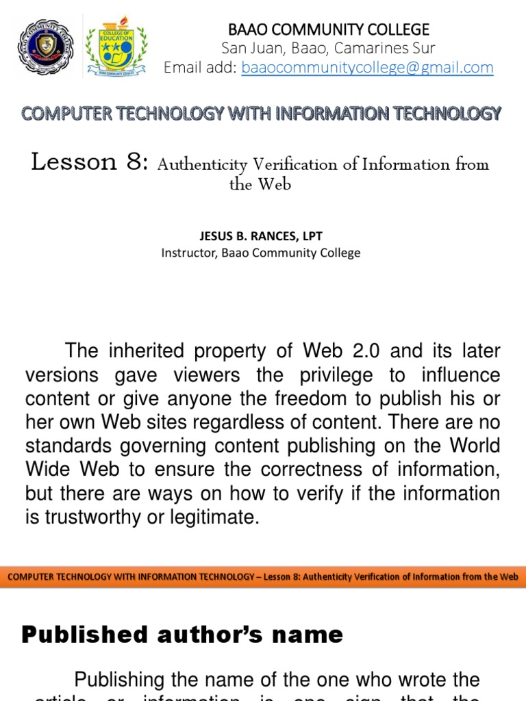 Lesson 8: Authenticity Verification of Information From The Web | PDF ...