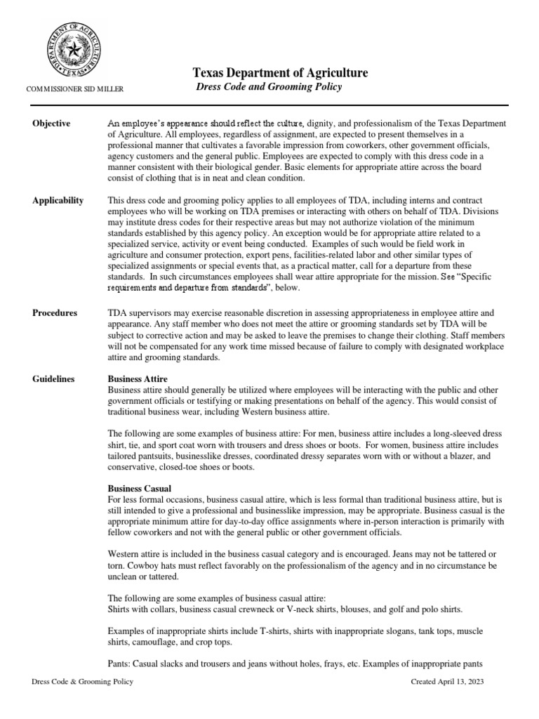 Dress Code and Grooming Policy | PDF | Clothing | Trousers