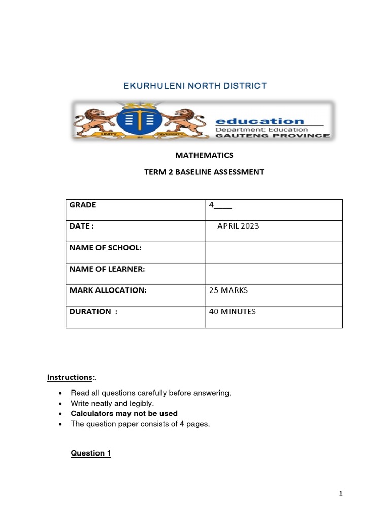 Baseline Assessment Grade 4 Term 2-2023 Q & M | PDF | Numbers | Mathematics