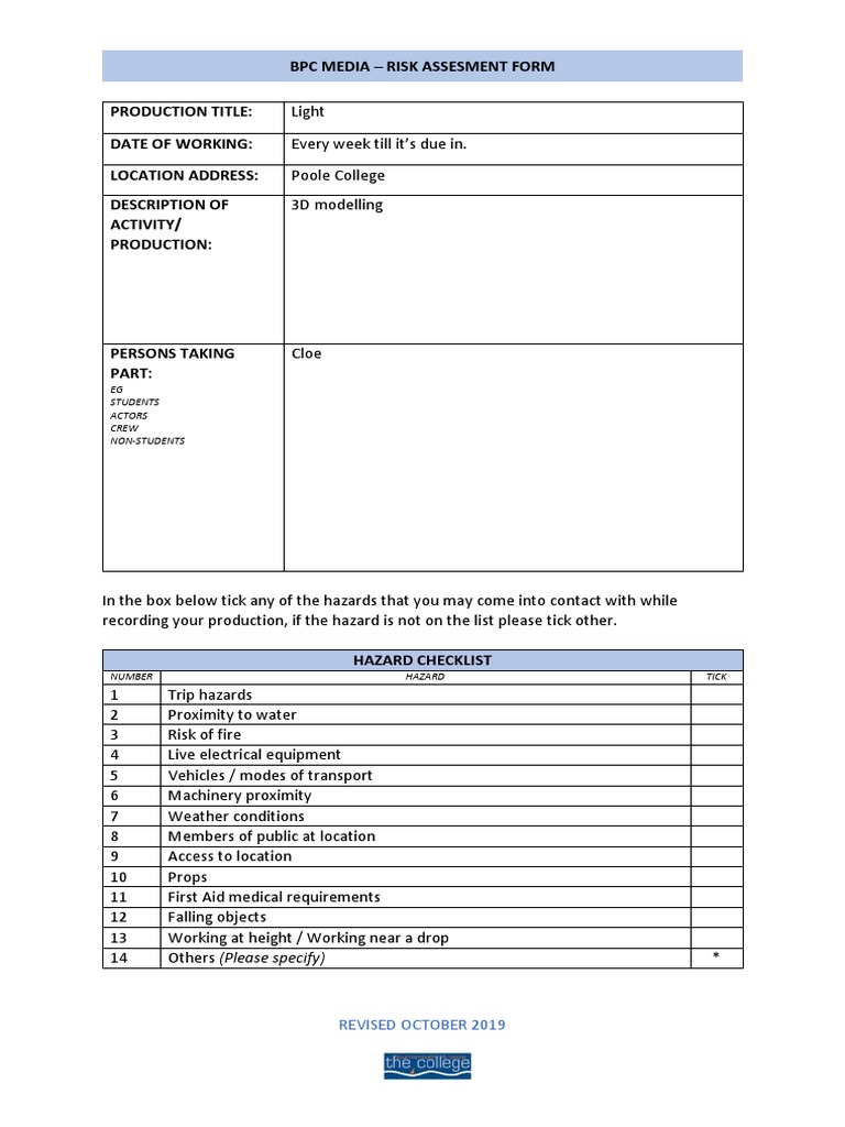 BPC Risk Assesment - Light | PDF | Risk Assessment | Risk