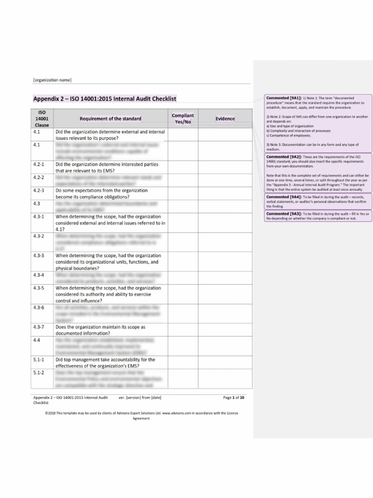 21.2 Appendix 2 ISO 14001 2015 Internal Audit Checklist Int Big 2020 ...