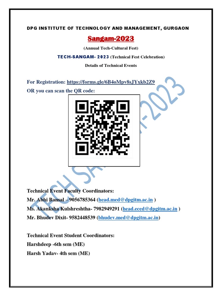 Sangam-2023: For Registration: Https://Forms - Gle/6B4Ompv8Sjyxkb2Z9 or You Can Scan The QR Code ...