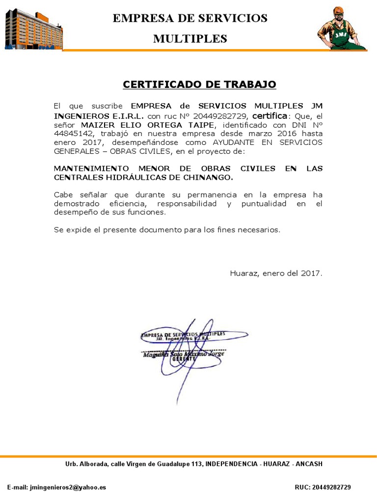 Certificado de Trabajo JM Ingenieros Mina | PDF