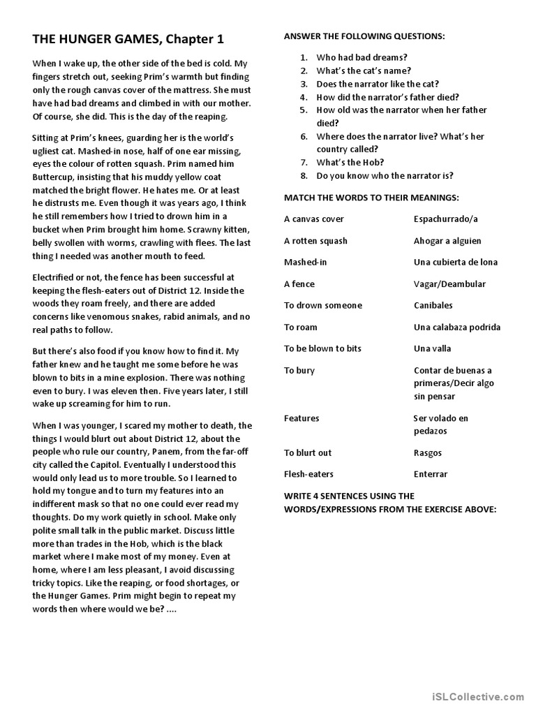 The Hunger Games, Chapter 1: Answer The Following Questions | PDF ...