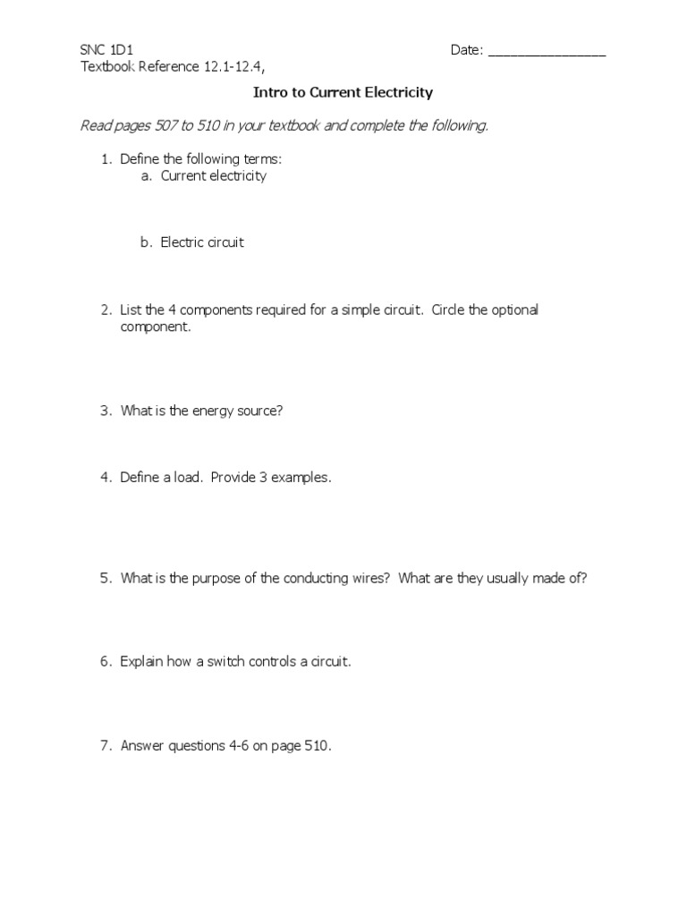 Intro To Current Electricity Worksheet | PDF