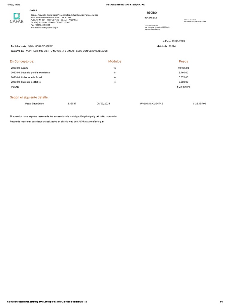 Detalle de recibo de aportes a CAFAR con desglose de conceptos y forma ...