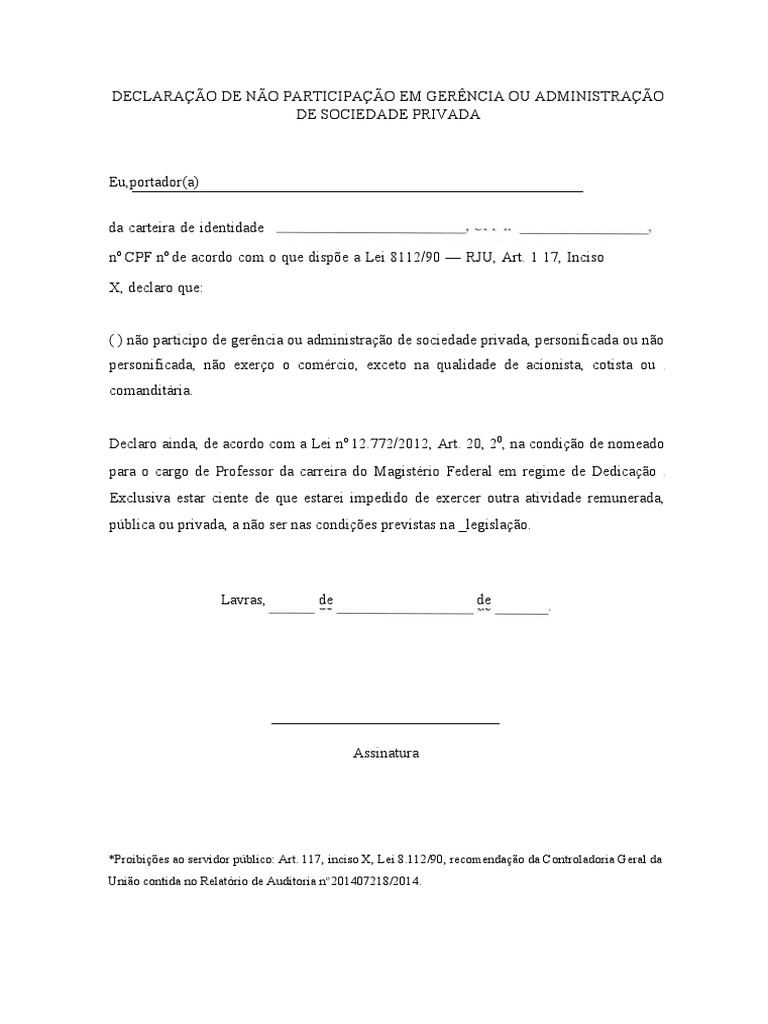 Declaração De Não Participação Em Gerencia Ou Administração De Sociedade Privada Pdf