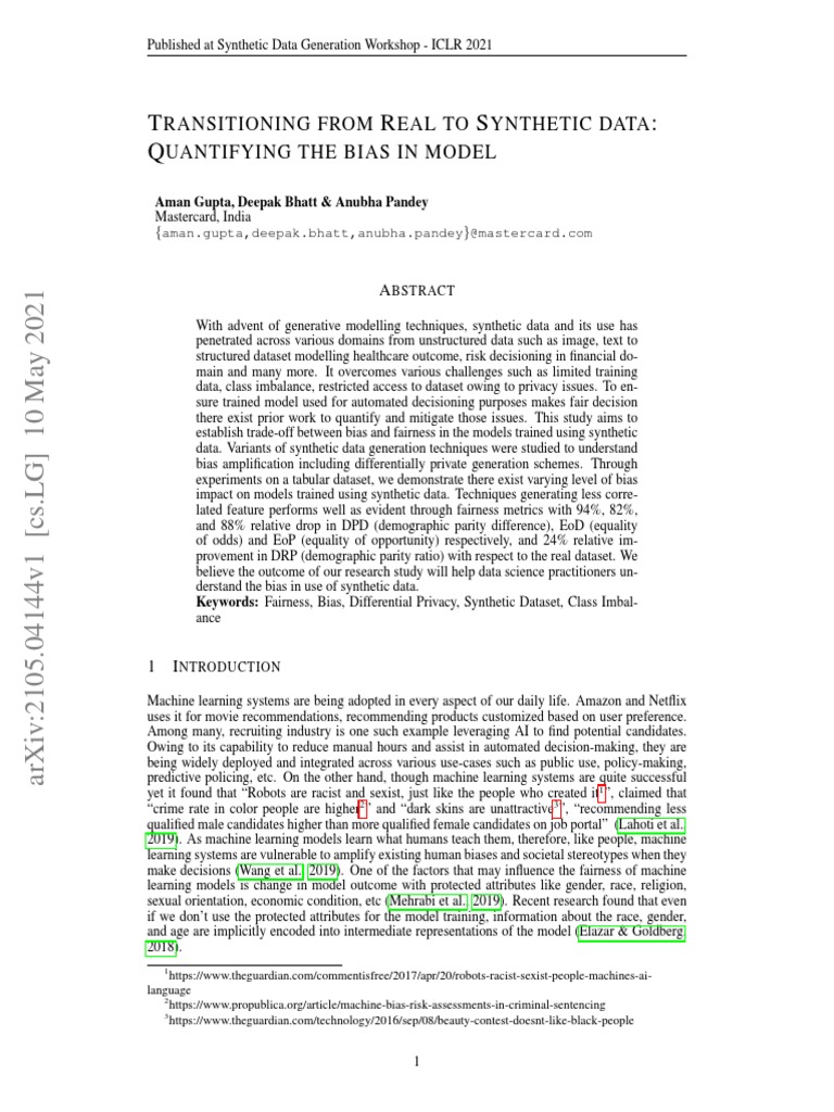 Transitioning From Real To Synthetic Data Quantifying The Bias in Model | PDF | Machine Learning ...