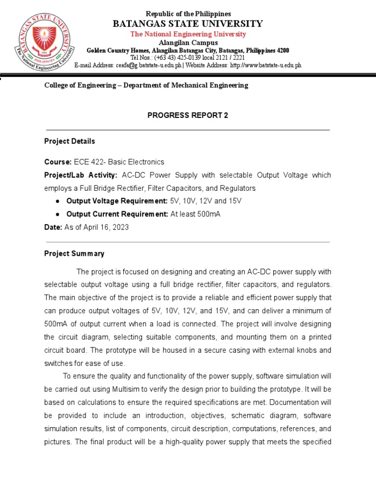 Ece Project Progress Report 2 | PDF | Power Supply | Rectifier