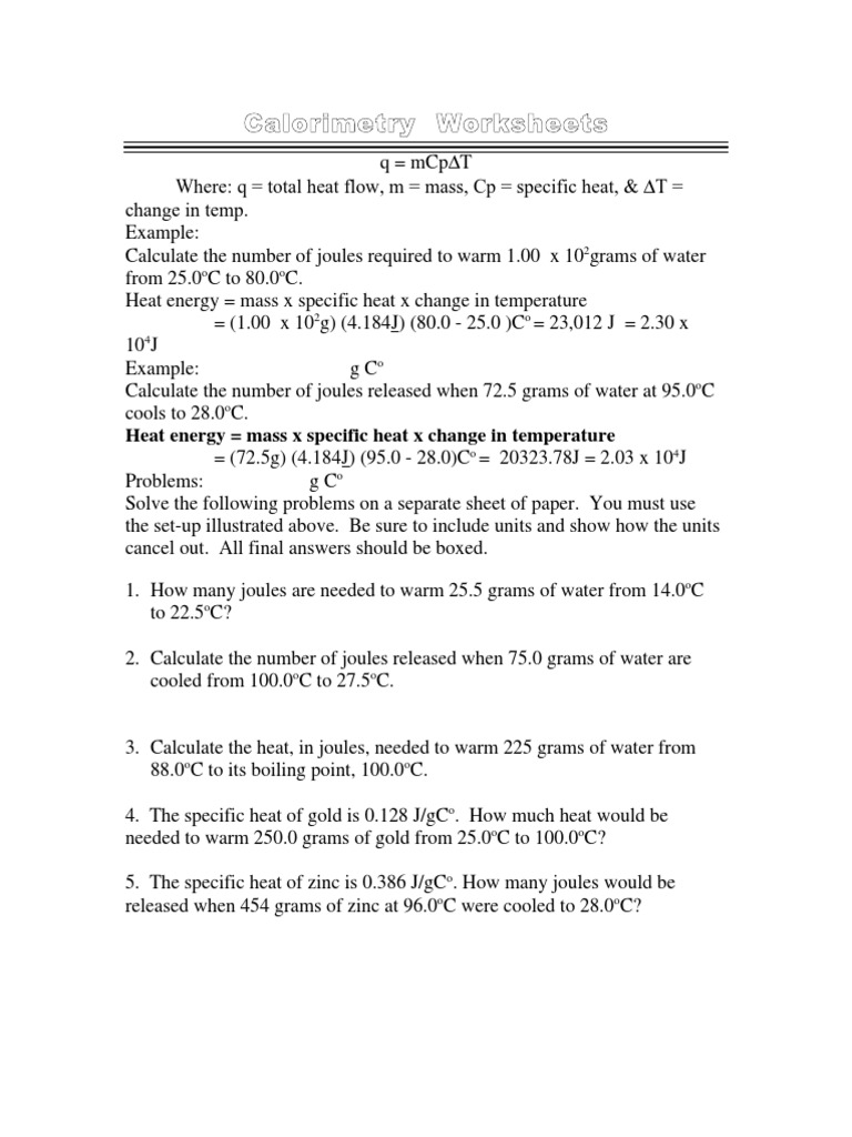 Calorimetry Worksheet | PDF | Teaching Methods & Materials