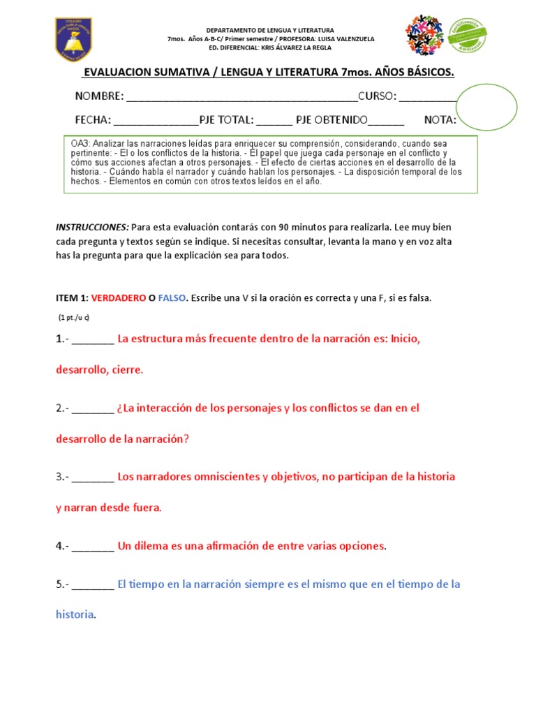 Evaluación de Lengua y Literatura 7° Básico | PDF | Narración