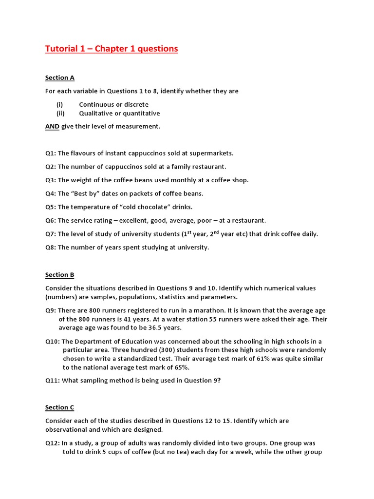 Tutorial 1 - Chapter 1 Questions: Section A | PDF | Sampling (Statistics) | Statistics