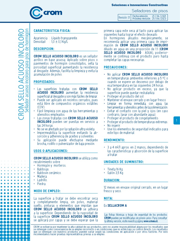 1crom Sello Acuoso Incoloro | PDF | Agua | Hormigón