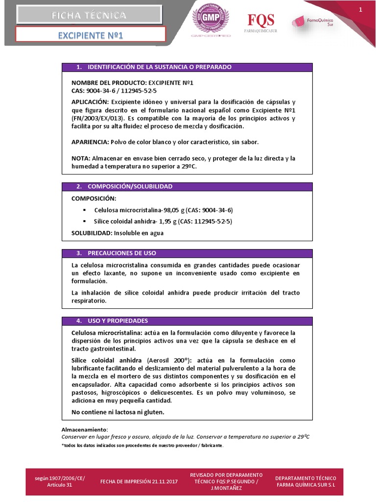 Ficha Técnica FQS EXCIPIENTE N1 | PDF | Química | Materiales