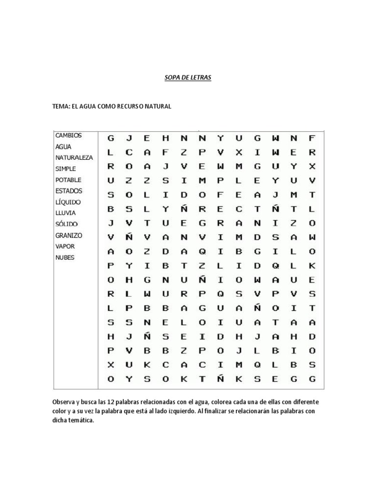 Sopa de Letras - Agua | PDF | Artes del Lenguaje y Comunicación