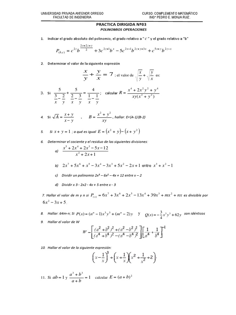 PRACTICA DIRIGIDA #03 Polinomios y Operaciones | PDF | Álgebra abstracta | Matemáticas