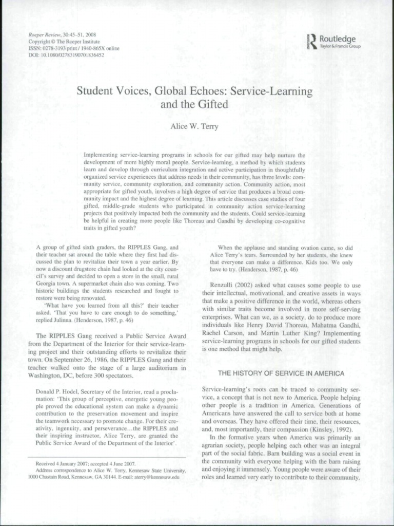 Student Voices Global Echoes - Service Learning and The Gifted | PDF ...