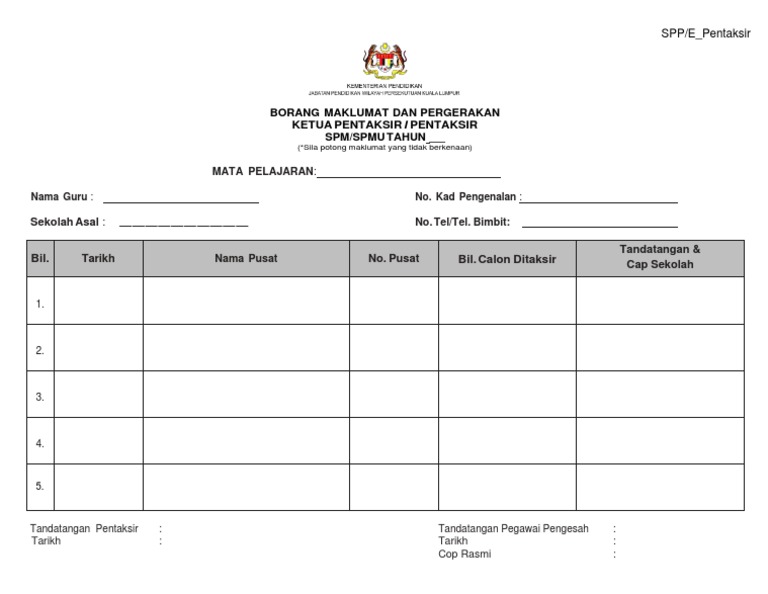 Borang Pergerakan Pentaksir SPM - SPP - E - Pentaksir | PDF