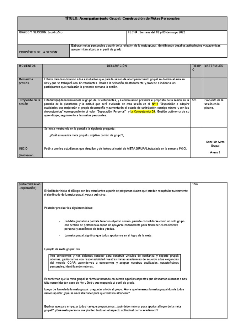 TÍTULO: Acompañamiento Grupal: Construcción de Metas Personales | PDF ...