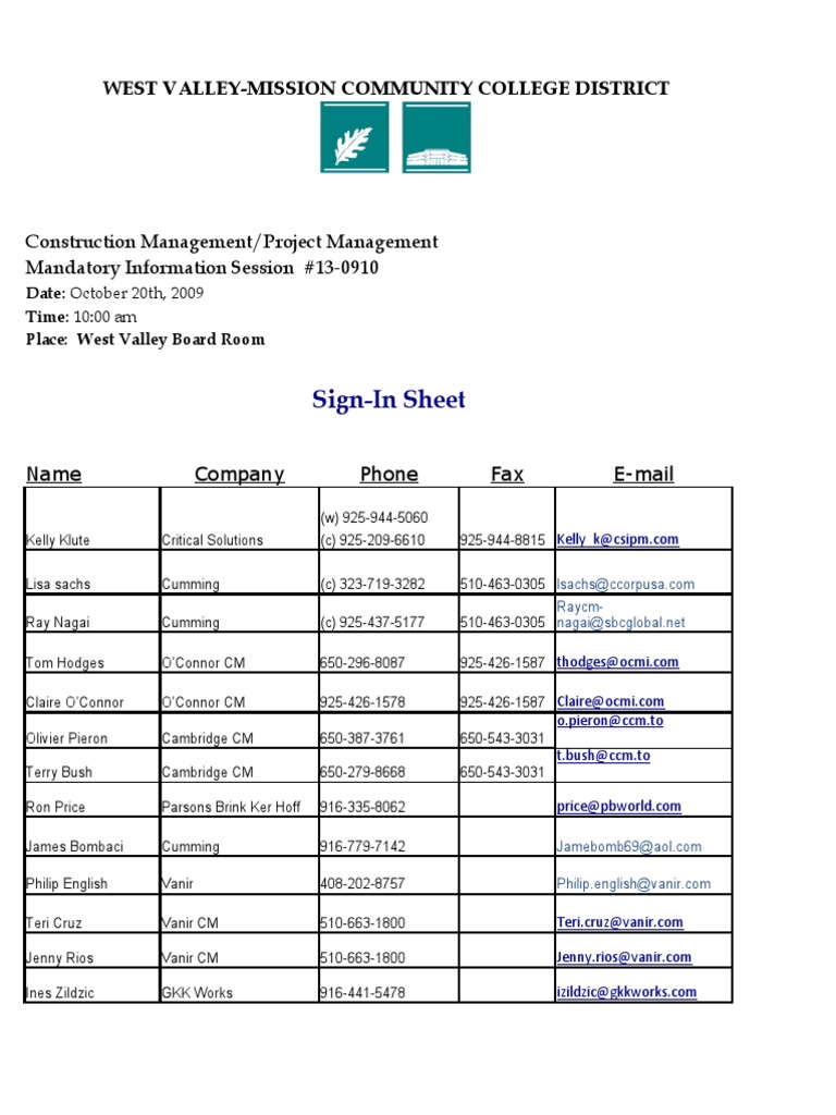 Mandatory Information Session Sign in Sheet 10.21.09 | PDF