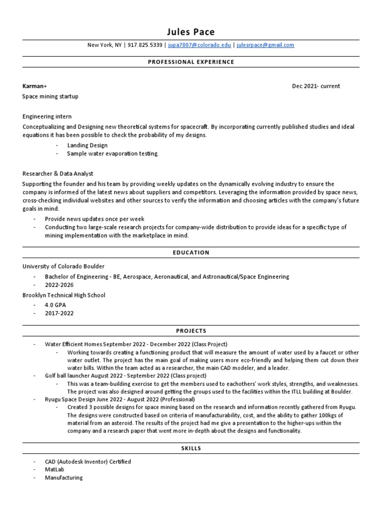 Jules Pace 2023 Updated Resume | PDF | Aerospace Engineering