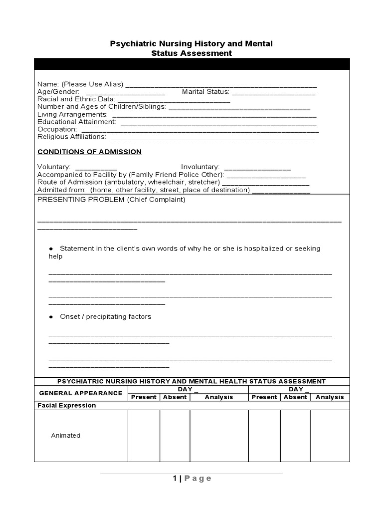 Psychiatric Nursing History and Mental Status Assessment General ...