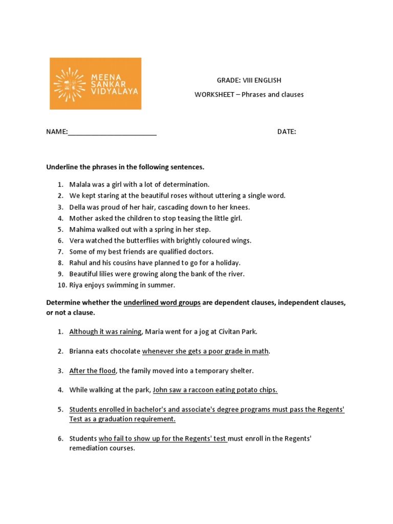 Underline The Phrases in The Following Sentences | PDF