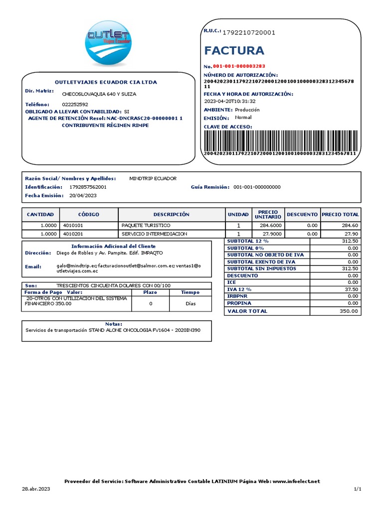 Factura: Outletviajes Ecuador Cia Ltda | PDF | Industrias de servicio ...