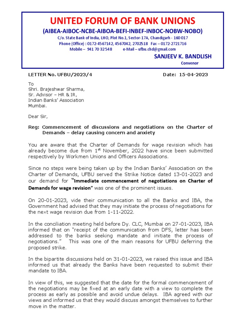 UFBU Letter To IBA On Wage Revision Talks | PDF