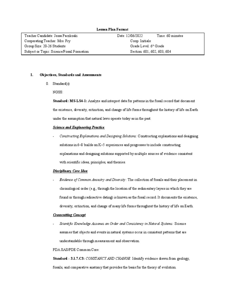Science Lesson Plan - Fossil Formation | PDF | Fossil | Educational ...