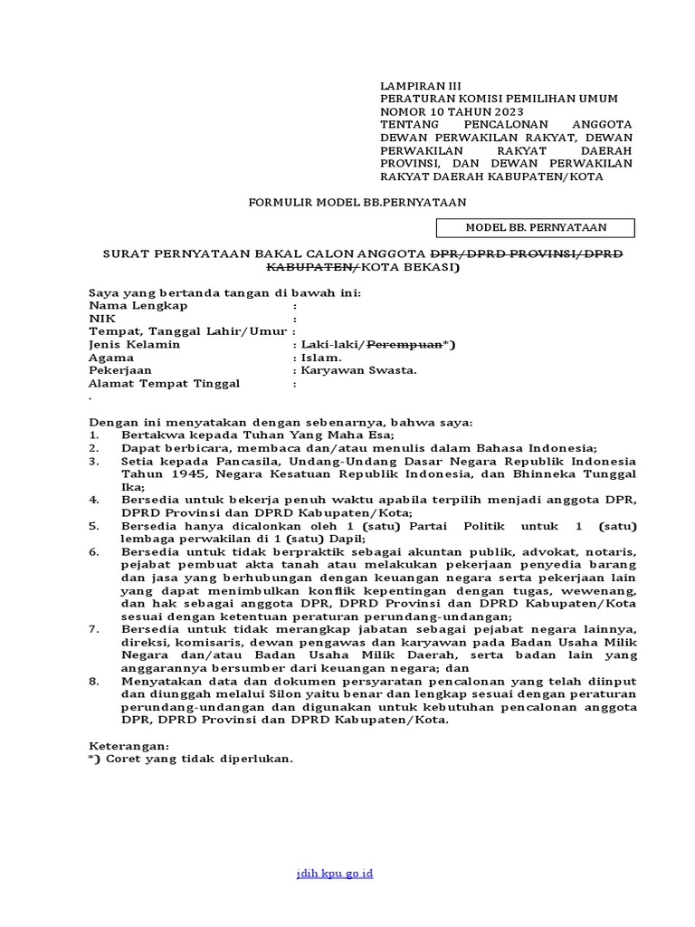 Surat Pernyataan Bakal Calon Anggota DPR/DPRD Provinsi/dprd Kabupaten/kota | PDF