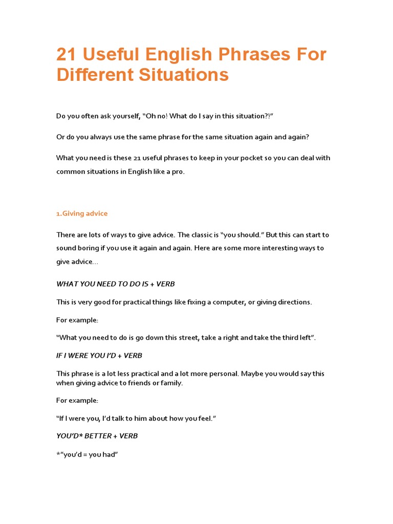 21 Useful English Phrases For Different Situations | PDF | English ...