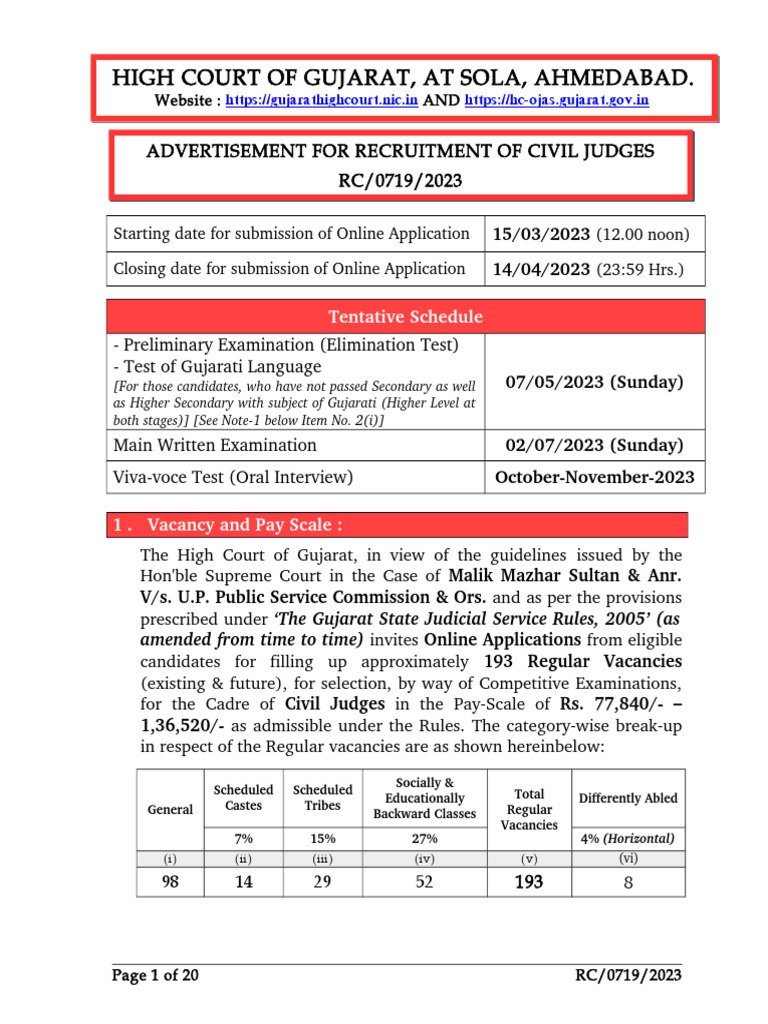 High Court of Gujarat, at Sola, Ahmedabad.: Advertisement For ...