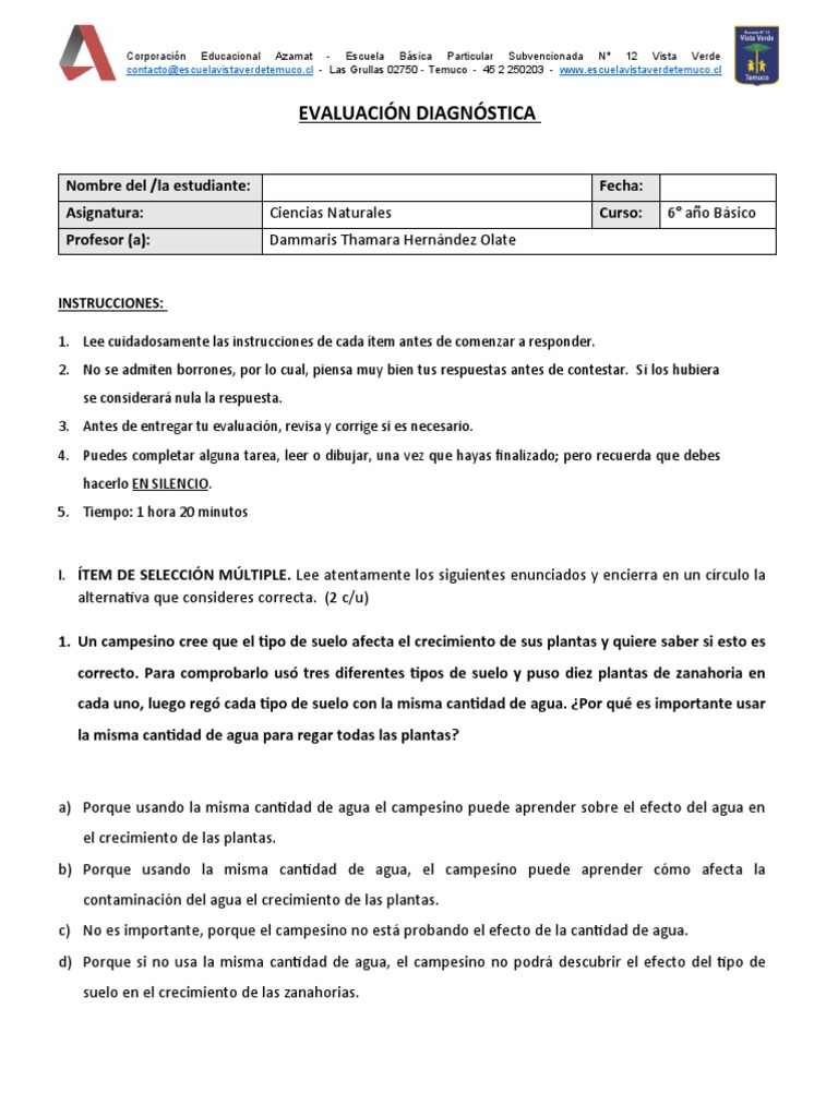 Prueba Diagnóstico 6to Ciencias | PDF
