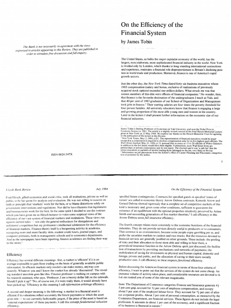 Tobin On The Efficiency of The Financial System | PDF | Politics