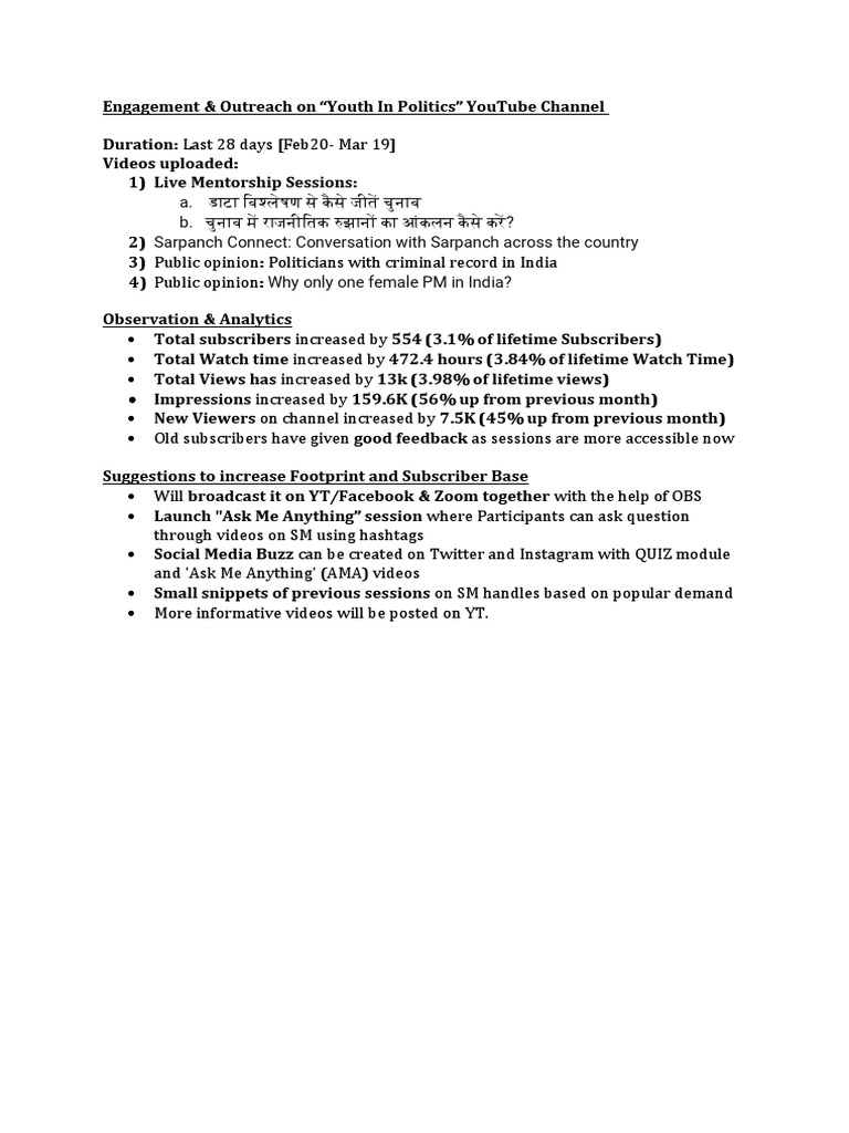 Report - Engagement On YIP YouTube Channel | PDF | Career & Growth