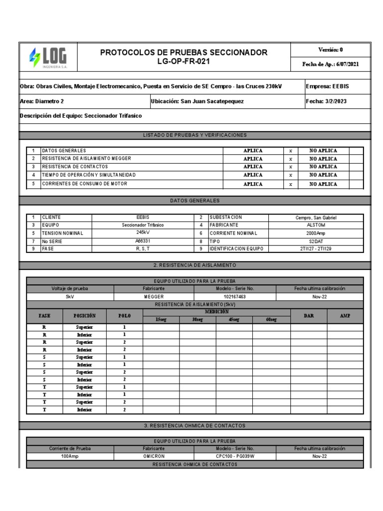 LG-OP-FR-021 Protocolo de Pruebas Seccionador | PDF | Metrología | Ciencias fisicas