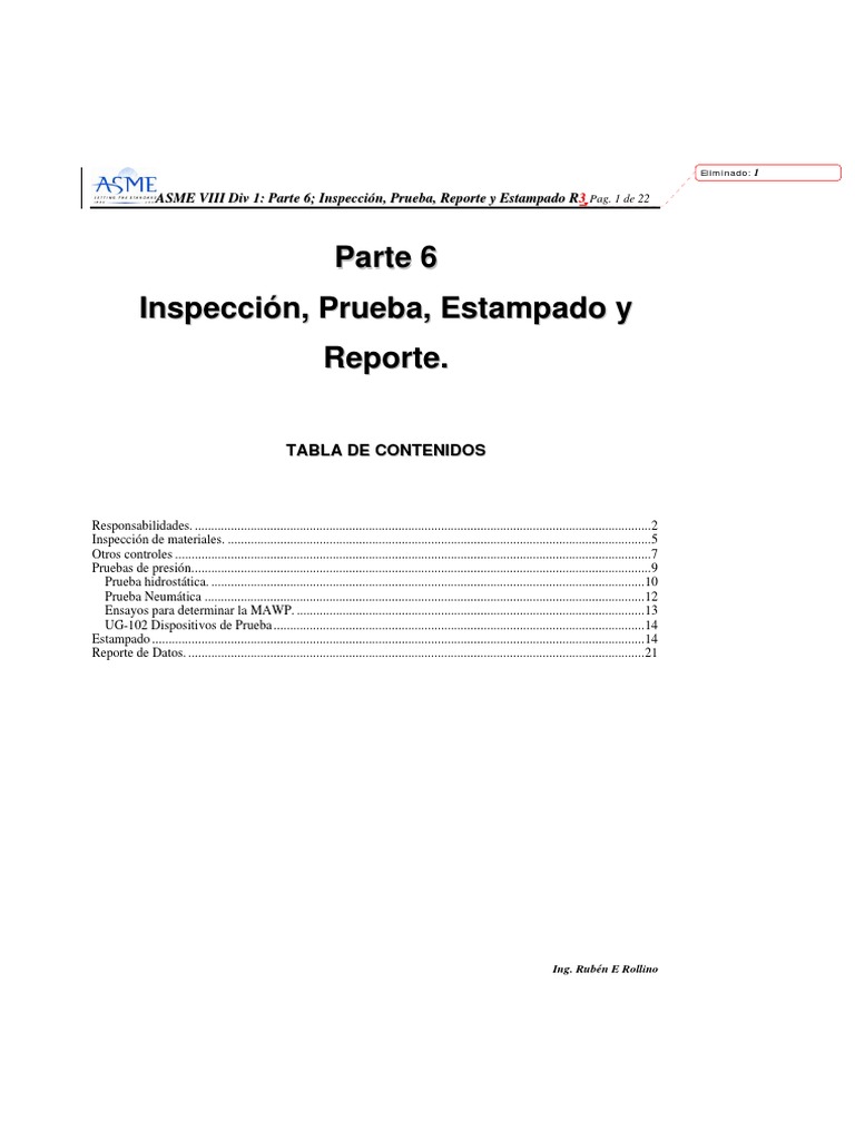 ASME VIII Parte 6 Inspeccion, Prueba, Reporte y Estampado | PDF ...