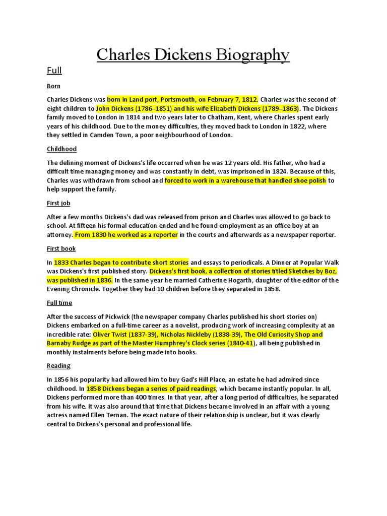 Charles Dickens Biography | PDF | Classics