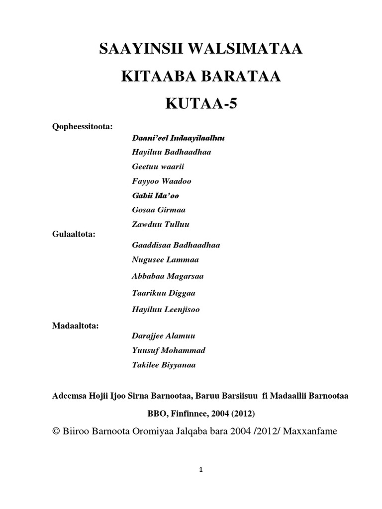 Saayinsii Walsimataa Kitaaba Barataa Kutaa-5: Qopheessitoota | PDF