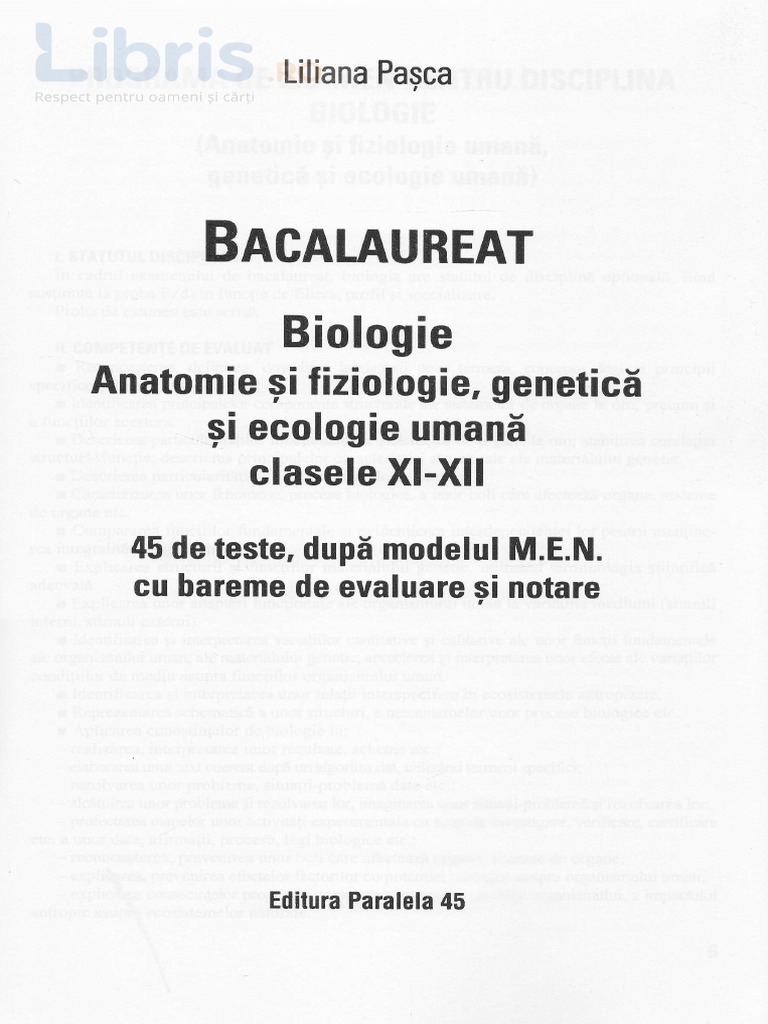 Bacalaureat. Biologie. Anatomie Si Fiziologie - Clasele 11-12 | PDF