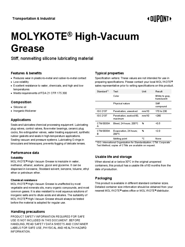 MOLYKOTE High-Vacuum Grease 22-0911H-01 | PDF | Lubricant | Silicone