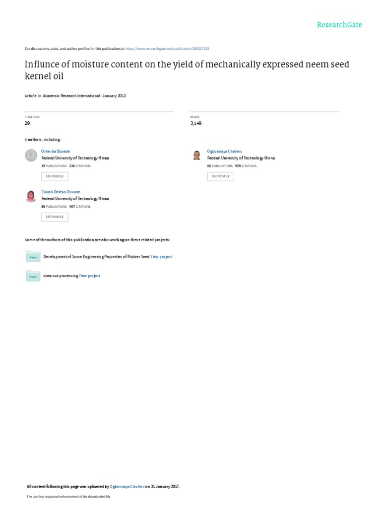 In Unce of Moisture Content On The Yield of Mechanically Expressed Neem ...