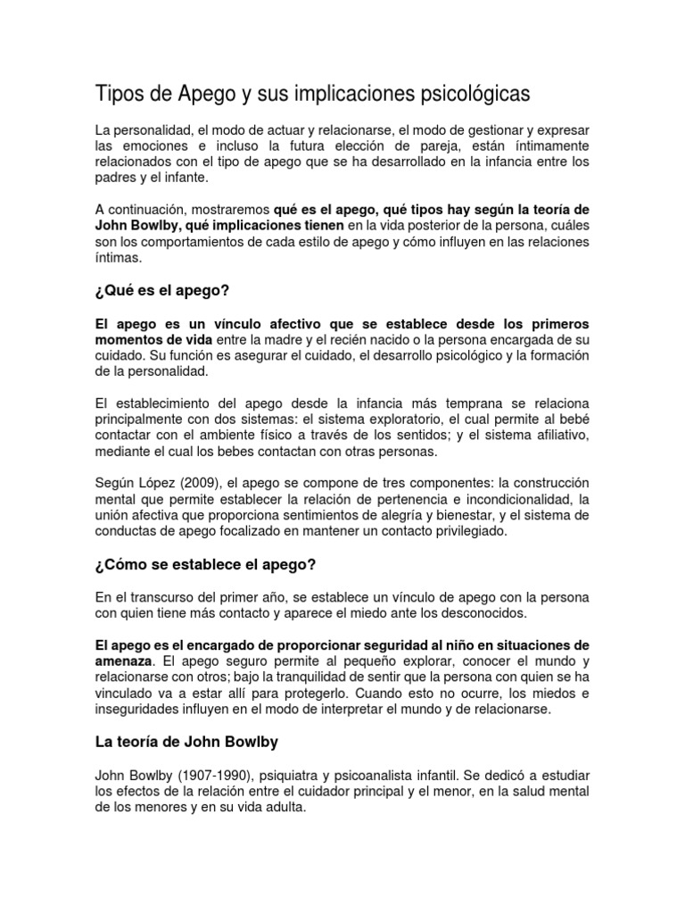 Tipos de Apego y Sus Implicaciones Psicológicas | PDF