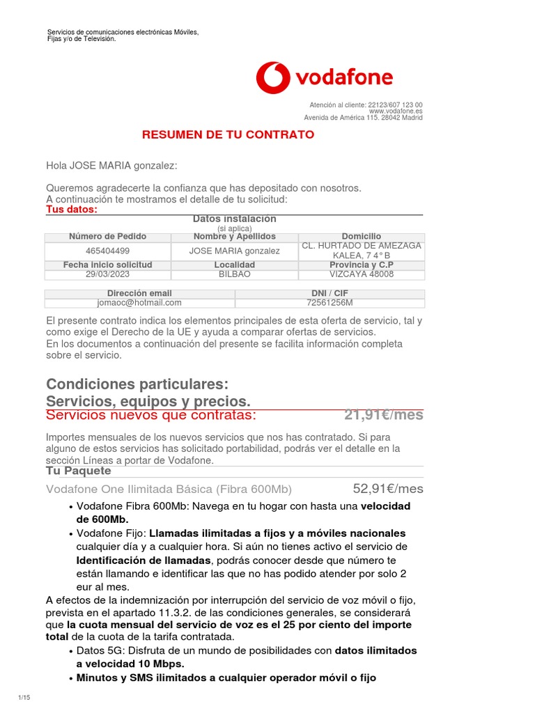 Resumen de Tu Contrato: Condiciones Particulares: Servicios, Equipos y Precios | PDF
